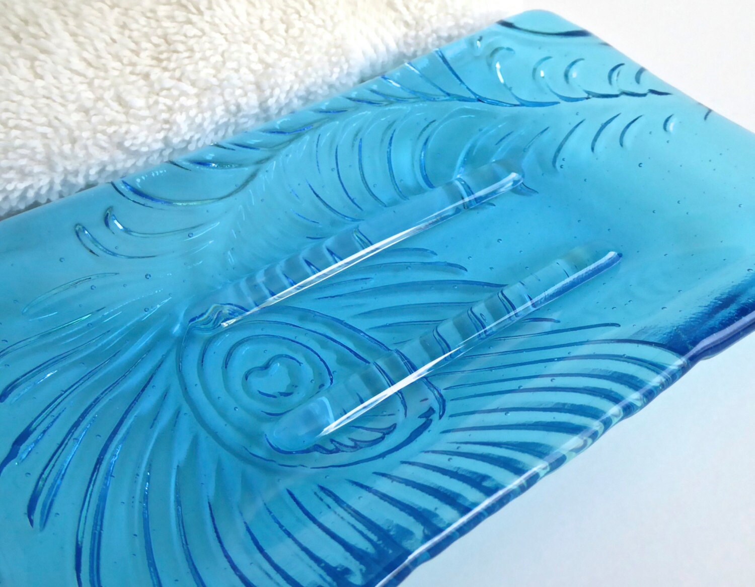 Peacock Feather Imprint Soap Dish in Light Turquoise Fused | Etsy