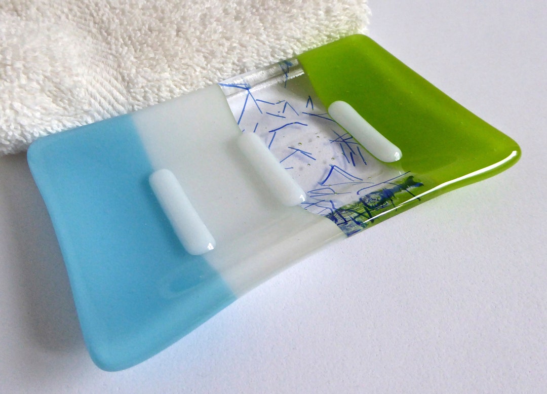 Fused Glass Soap Dish in Cyan Blue, White and Spring Green by ...