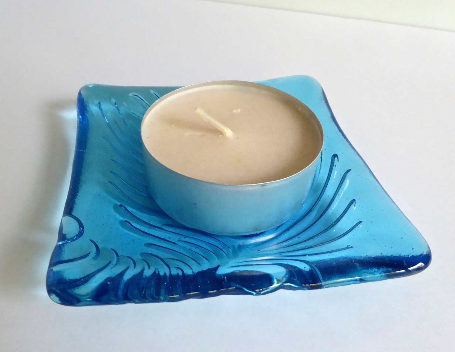 Fused Glass Peacock Feather Imprint Square Plate in Light | Etsy