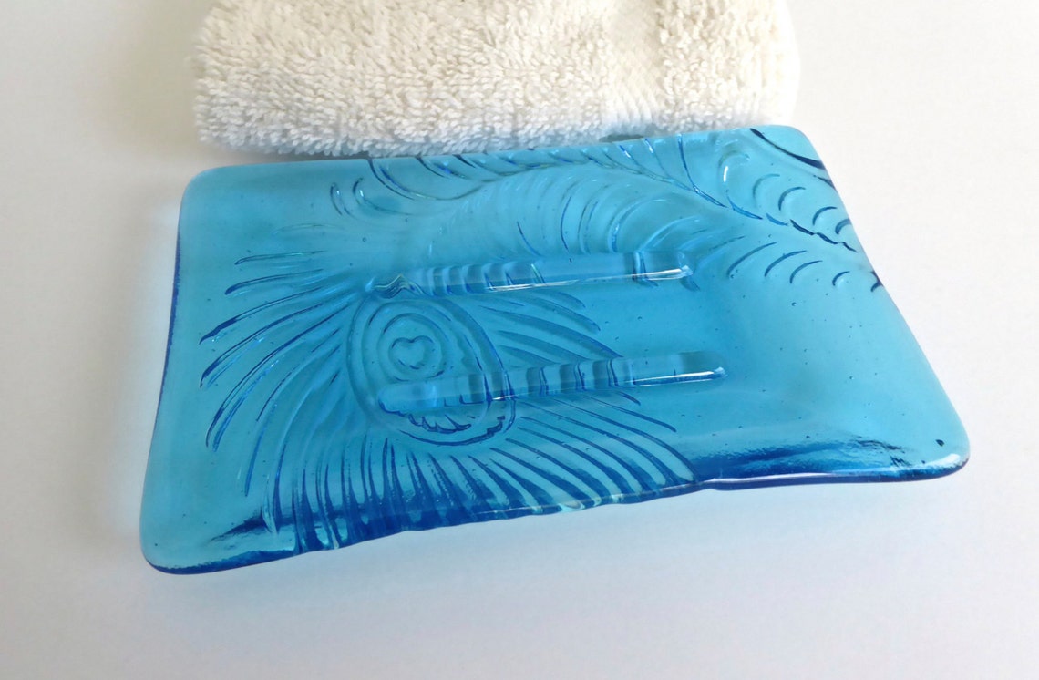 Peacock Feather Imprint Soap Dish in Light Turquoise Fused | Etsy