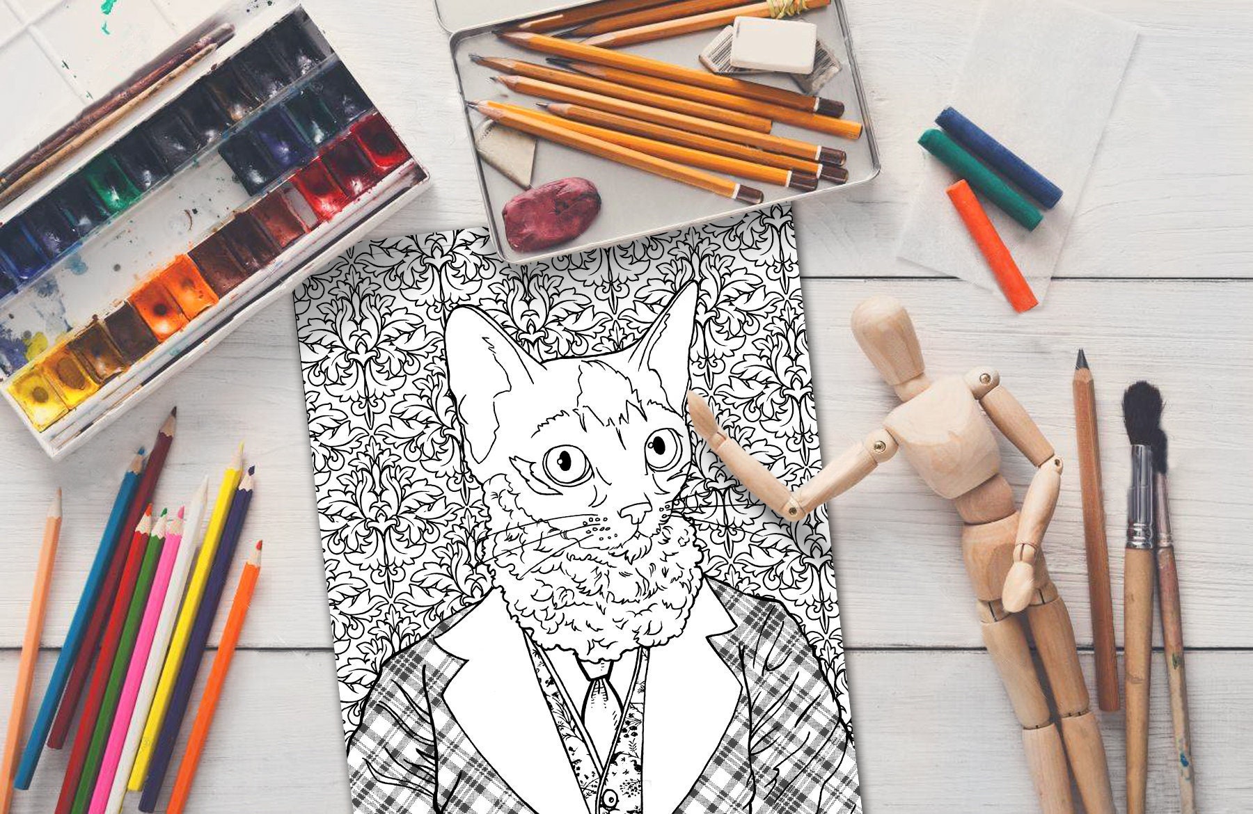 Adult Coloring Book Digital Cat Art Colouring Page For | Etsy