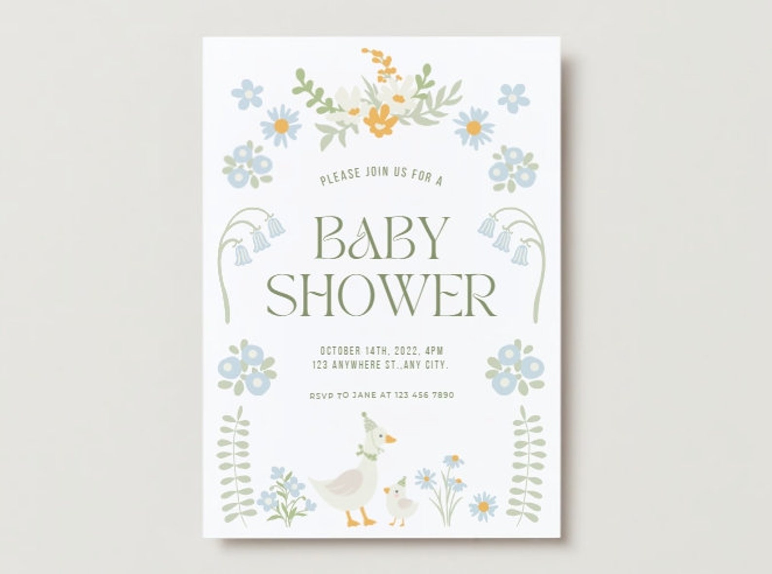 Blue Green Floral Baby Shower With Goose Invitation, Baby Shower ...