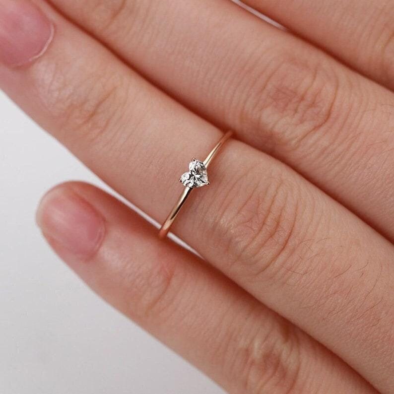 Solitaire Ring, Heart-shape Diamond Ring, Wedding Ring, Dainty Anniversary Band, Promise Ring ...