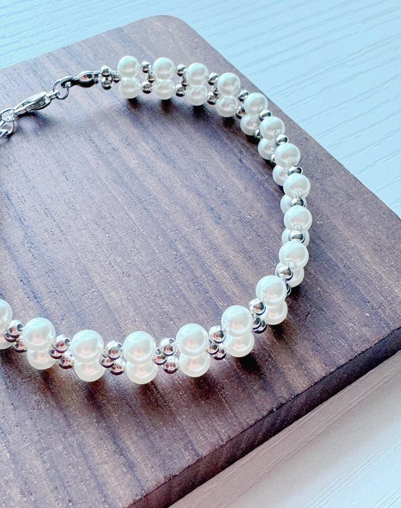Double Row Bracelet, Double Strand, Pearl Bracelet, Silver Beads ...
