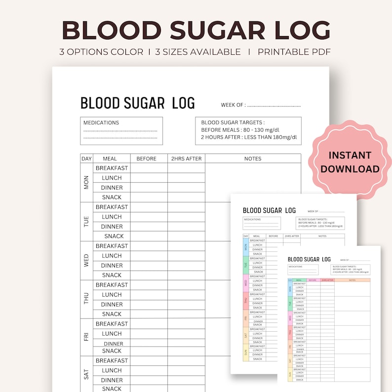 Blood Sugar Tracker - Printable Diabetes Log - Health Monitoring ...