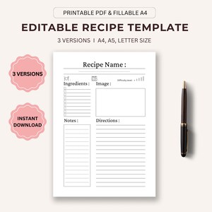 Blank Recipe Template, Printable Recipe Cards,cook Book, Digital Meal ...