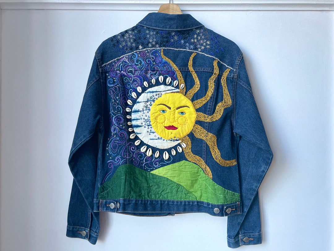 Cosmic Artwear Jacket - Hand-embroidered Sun & Moon Designs. Upcycled ...