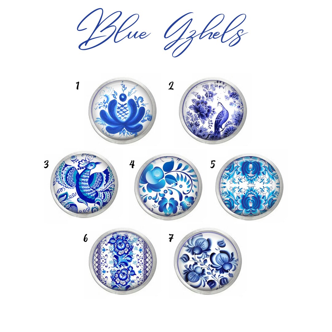 Blue Gzhels Snap, Set of Seven Glass Dome Snaps, Compatible With Ginger ...