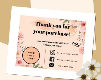 Thank You Card Template, Printable Business Thank You for Your Purchase, Editable, Small ...