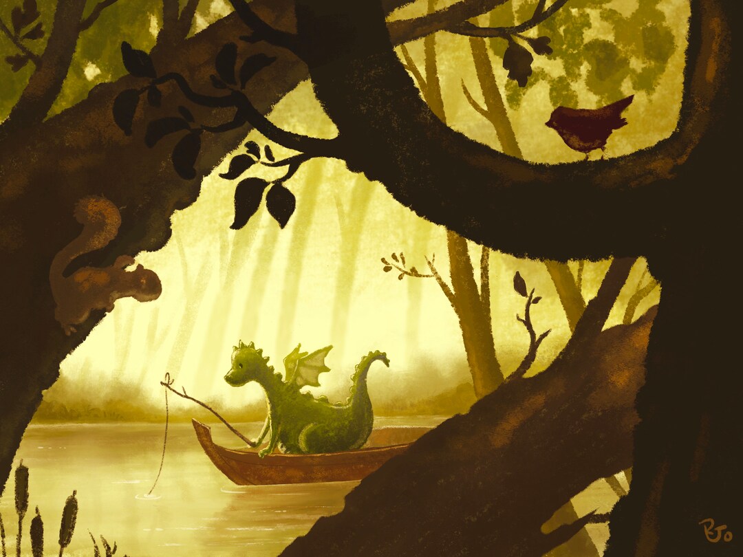 Fishing Dragon Art Print - 12x16 Canvas Print - A Thoughtful Gift for a ...