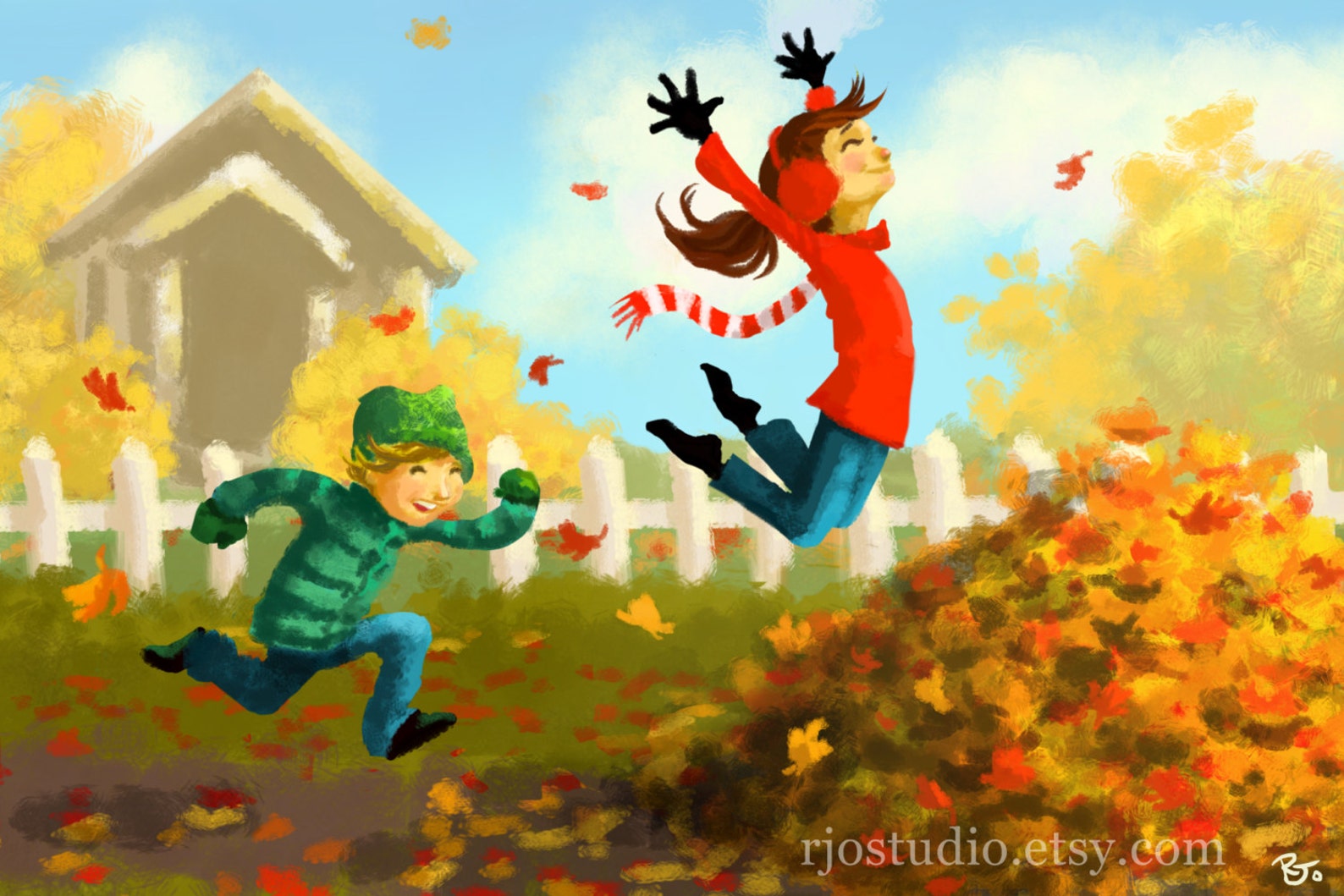 Leaf Pile Kids, Leaf Pile Jumping, Fall Art Print, Leaf Jumping Girl ...