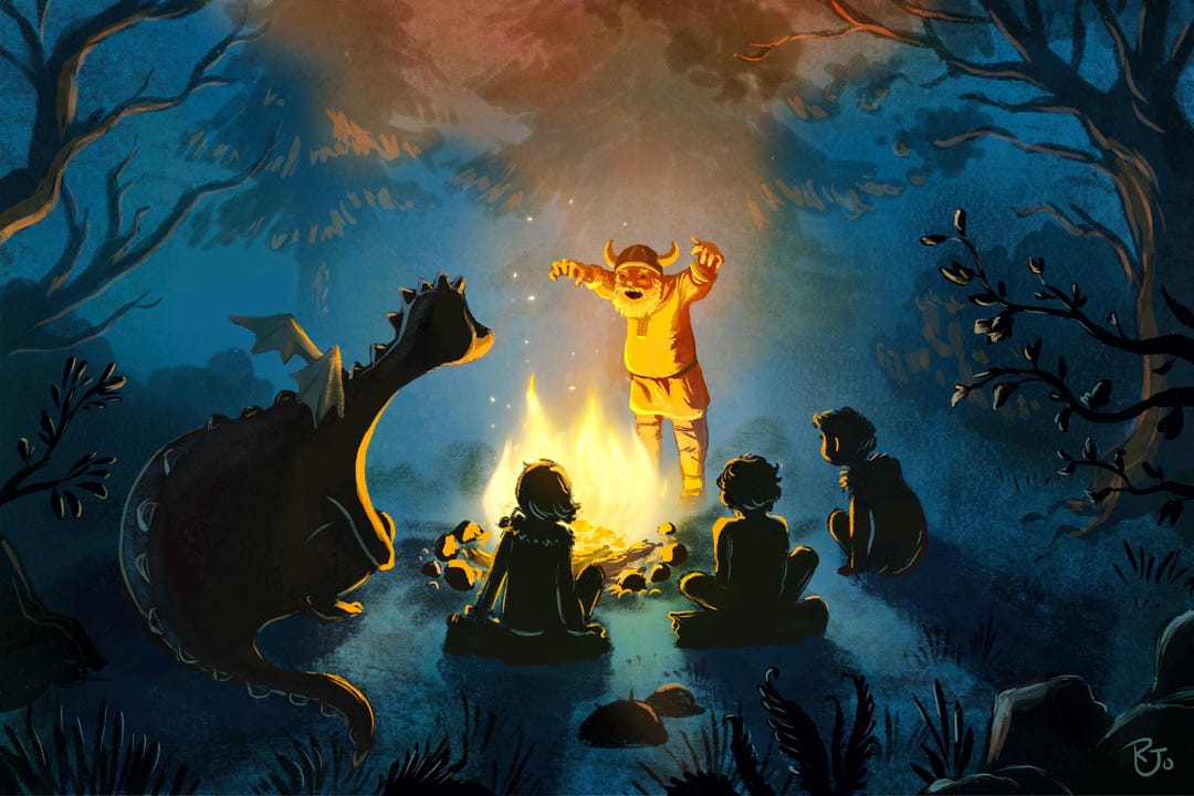 Dragon Campfire Story Art Print: Viking Kids Illustration (8x12 or ...