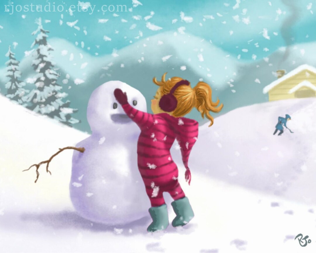 Cute Snowman Wall Art - Girl Building a Snowman, Snow Lover Gift, Pink ...