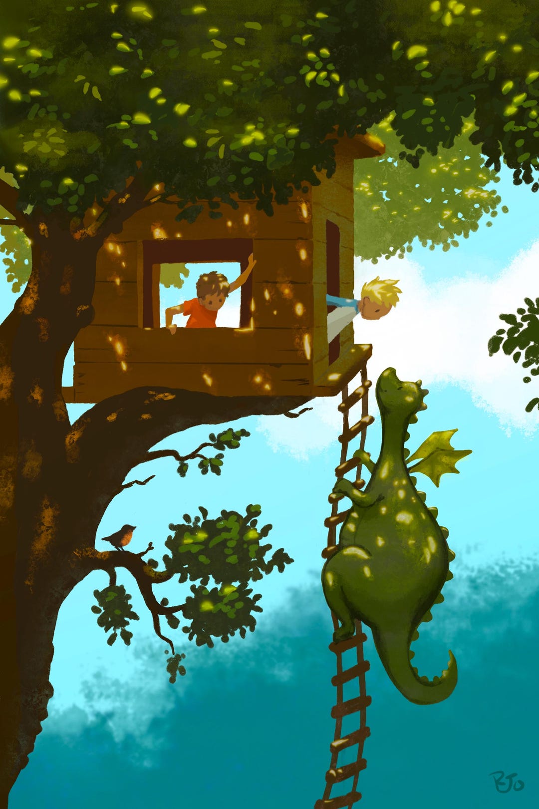 Dragon Visits Kids in a Treehouse - Unframed Giclee Art Print - 8x12 or ...