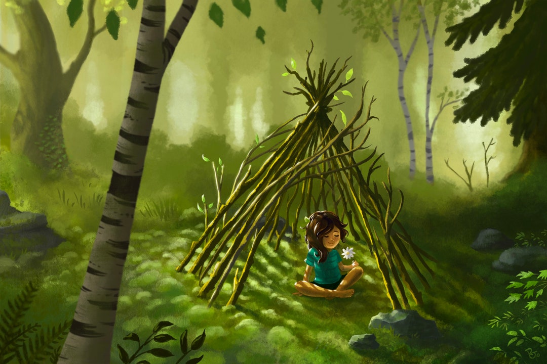 Girl in a Stick Fort in the Forest - 12x18 Inch Canvas Print. A Lovely ...