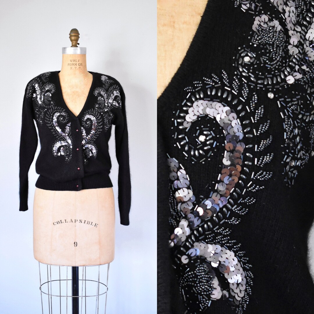 Rene Silk Angora Sequin Cardigan Sweater, 70s 80s Oversized Sweater, Plus Size Vintage, Preppy ...