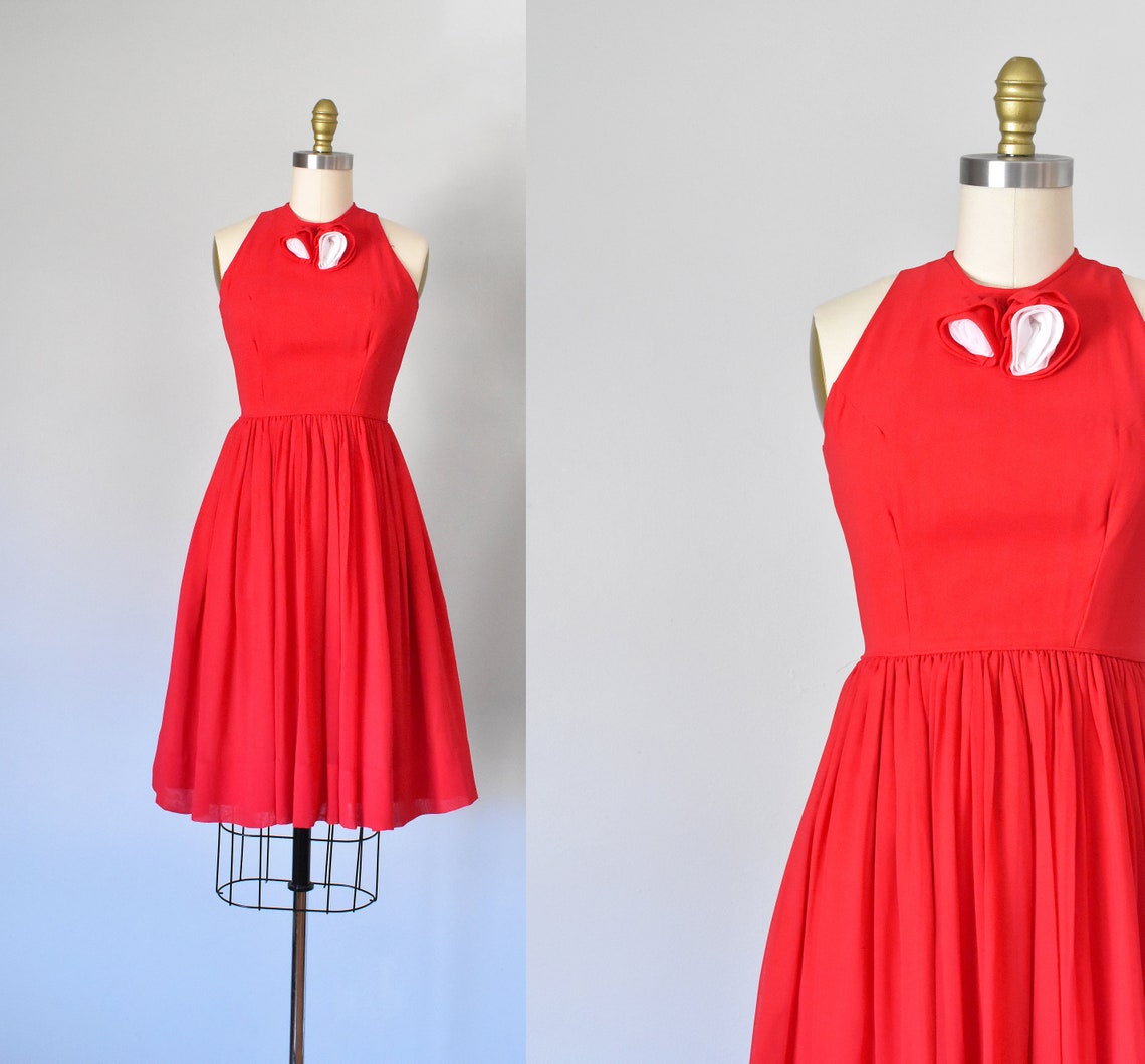 Tippi Red Chiffon Dress, 1960s Dress, Mad Men Rockabilly Red Dress ...