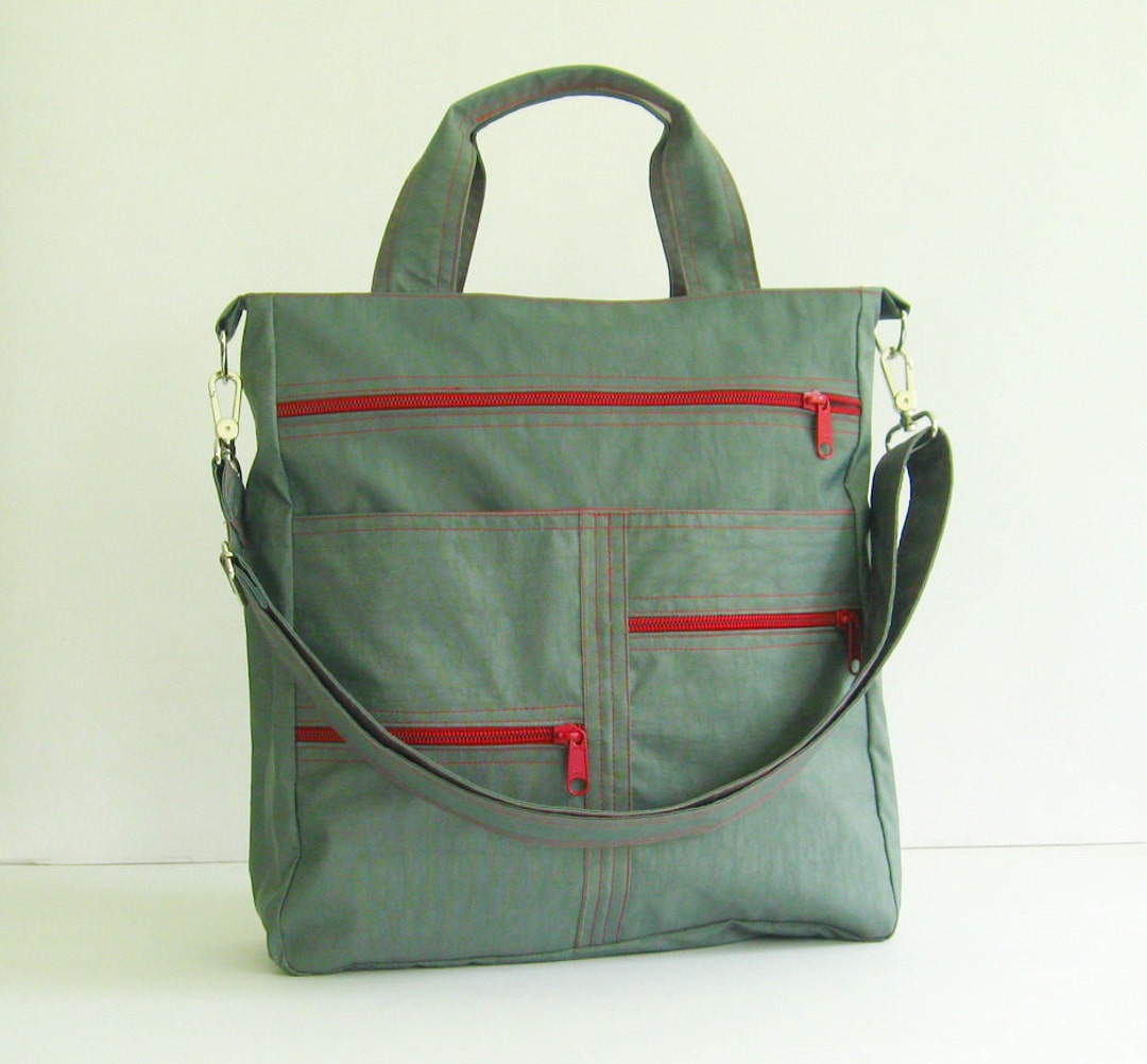 Gray Water-resistant Nylon Tote Bag, Crossbody Messenger, Multi-pocket ...