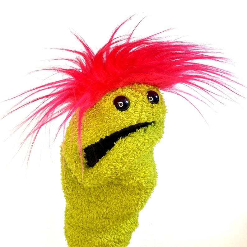 PUPPLET GREEN - Pink Hair Hand Sock Puppet Fleece and Fur Sockpuppet - Etsy