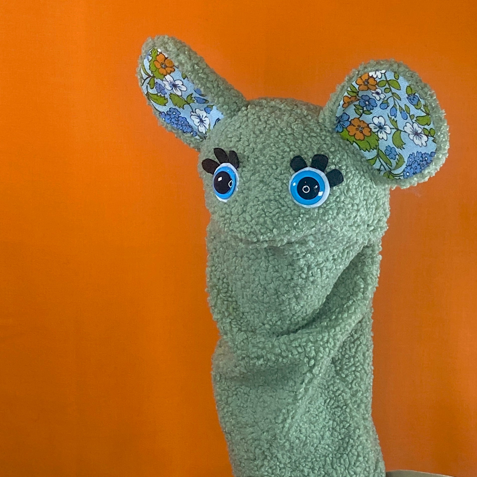 MARGY Hand Puppet Green Fur and Floral Vintage Fabric Ears - Etsy