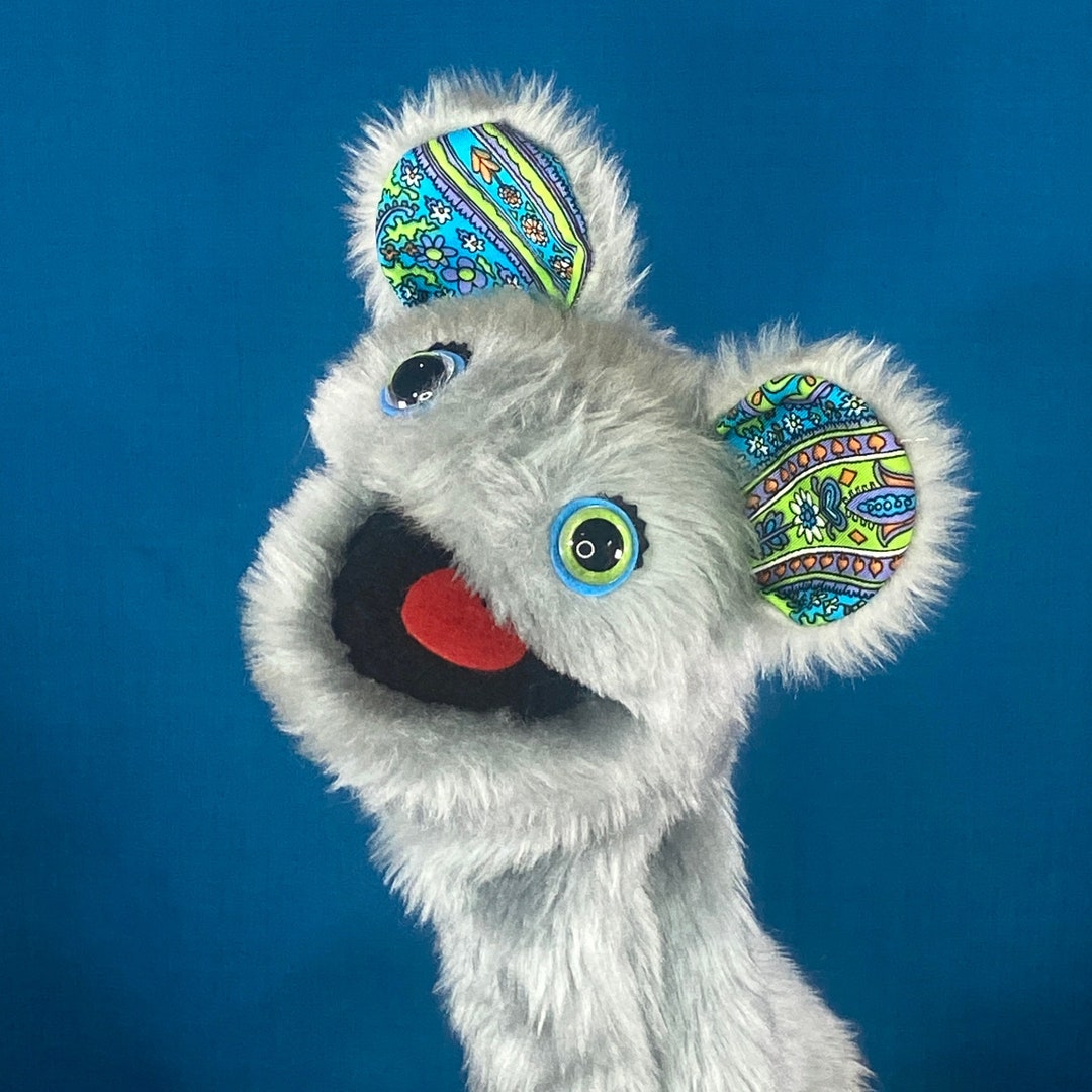 EDITH Hand Puppet Grey Fur and Green Blue Vintage Fabric Ears - Etsy