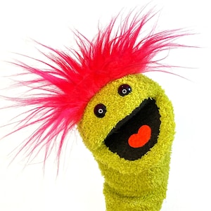 PUPPLET GREEN - Pink Hair Hand Sock Puppet Fleece and Fur Sockpuppet - Etsy