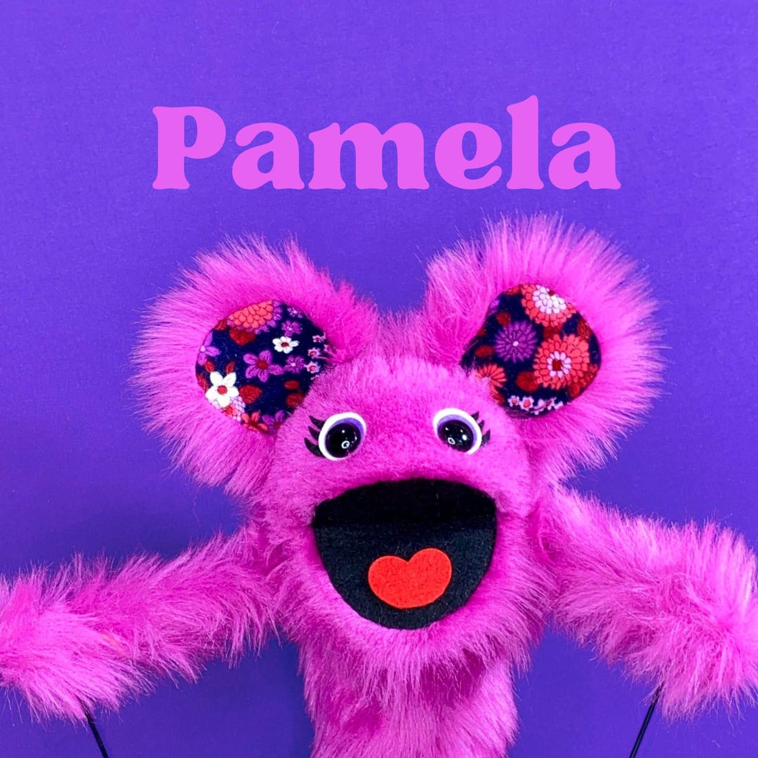 PAMELA - Hand Puppet Deluxe Pink Fur and Green Vintage Floral Fabric ...