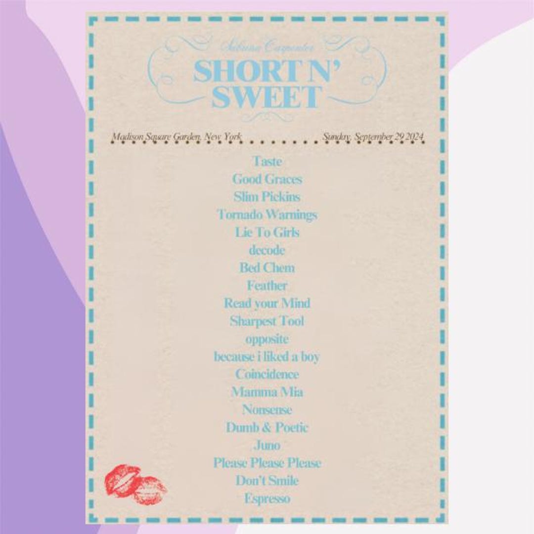 Sabrina Carpenter Short N Sweet Tour Customisable Setlist A4 Digital Print - Etsy