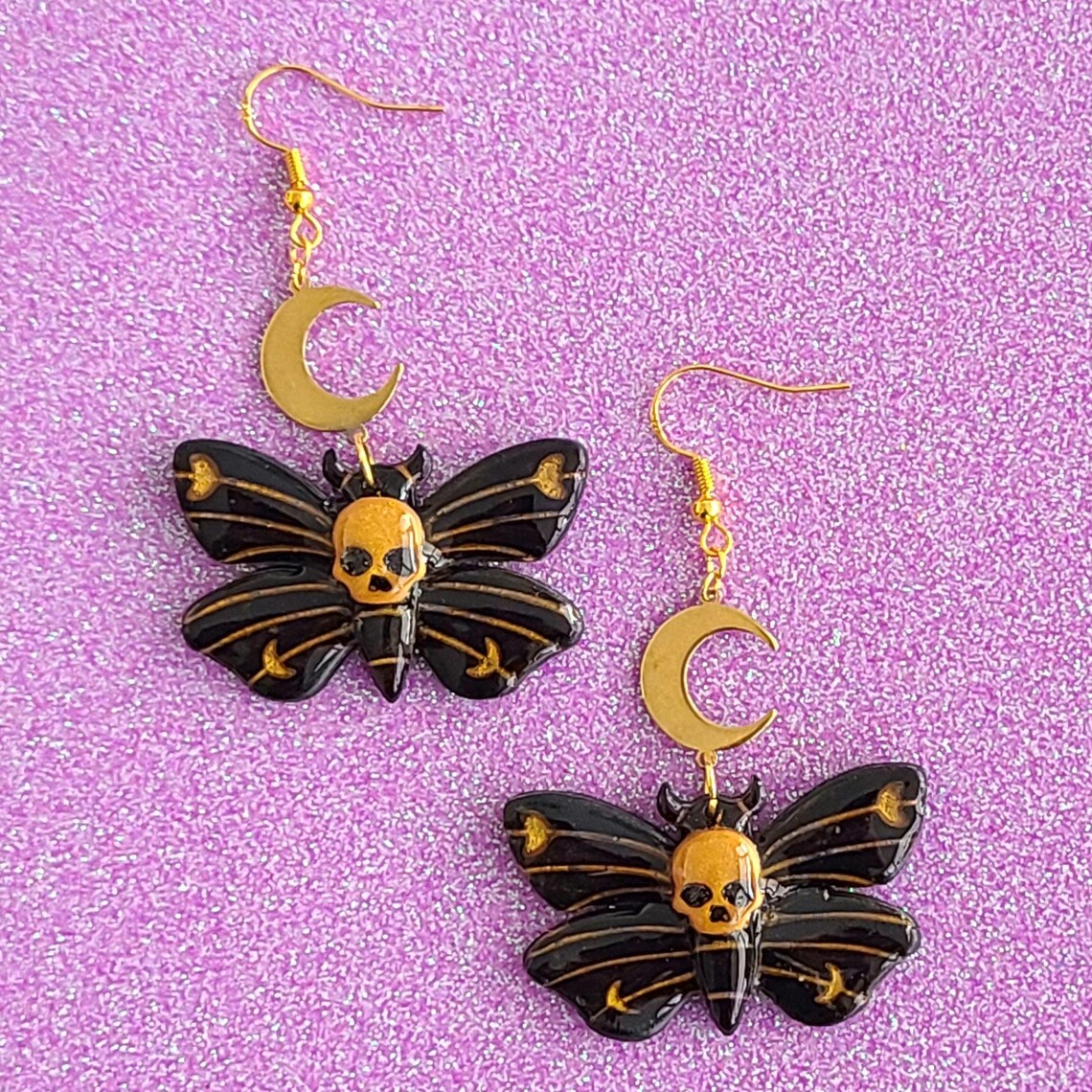 Black and Gold Moths | Handmade Polymer Clay Dangle and Drop Earrings ...