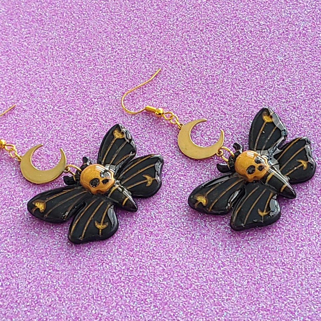 Black and Gold Moths | Handmade Polymer Clay Dangle and Drop Earrings ...