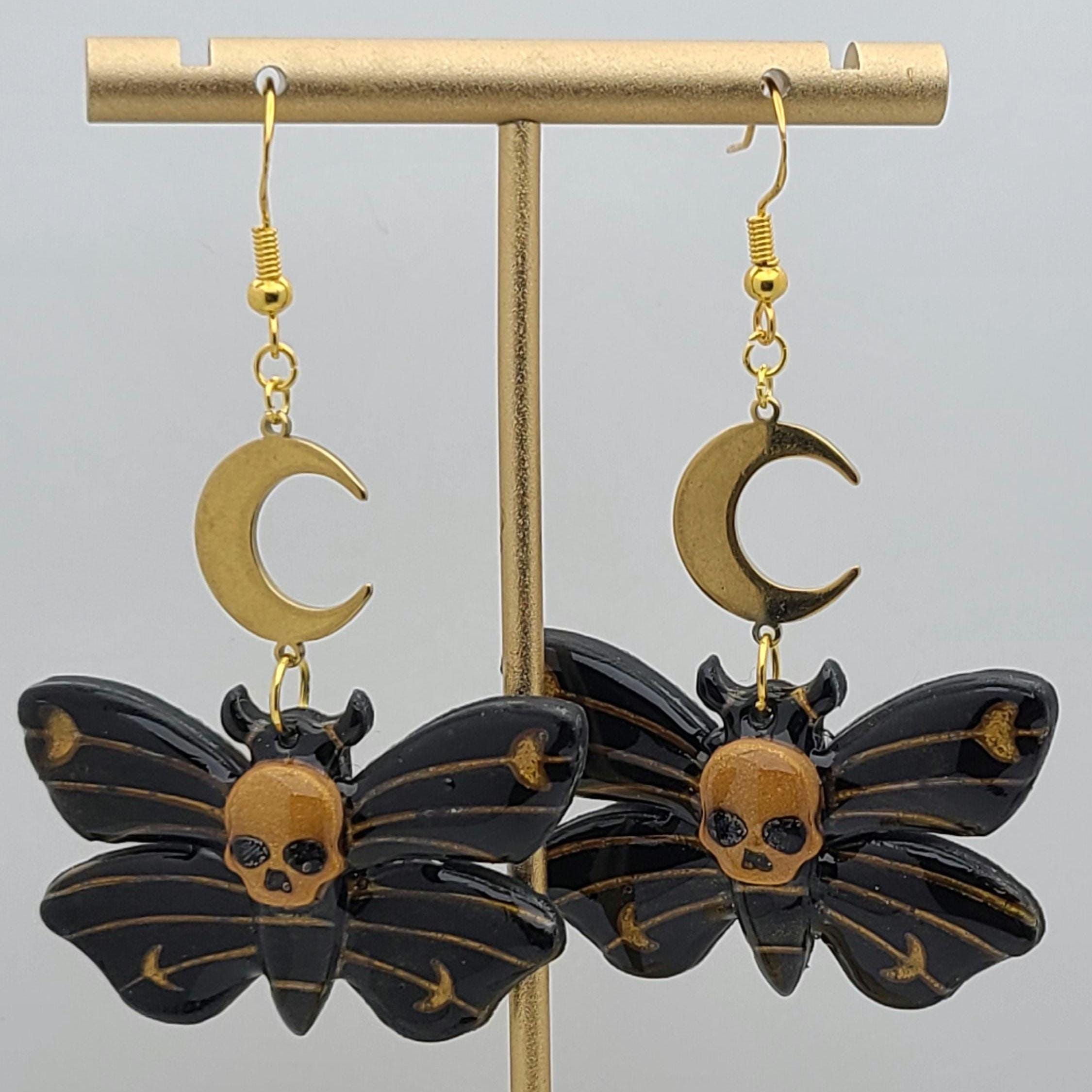Black and Gold Moths | Handmade Polymer Clay Dangle and Drop Earrings ...