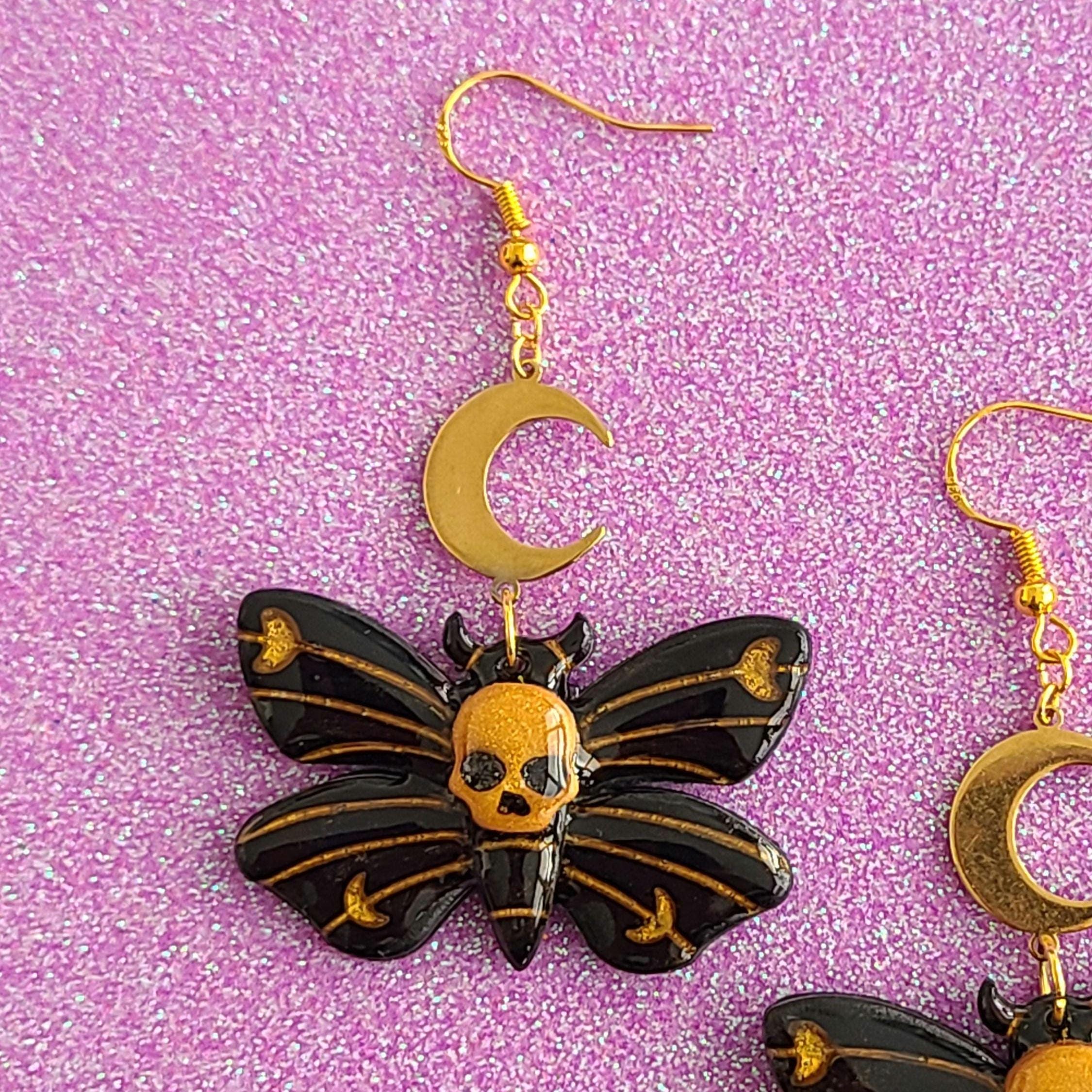 Black and Gold Moths | Handmade Polymer Clay Dangle and Drop Earrings ...