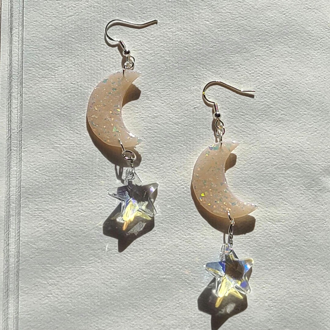Opal Moons and Iridscent Stars | Handmade Polymer Clay Dangle and Drop ...