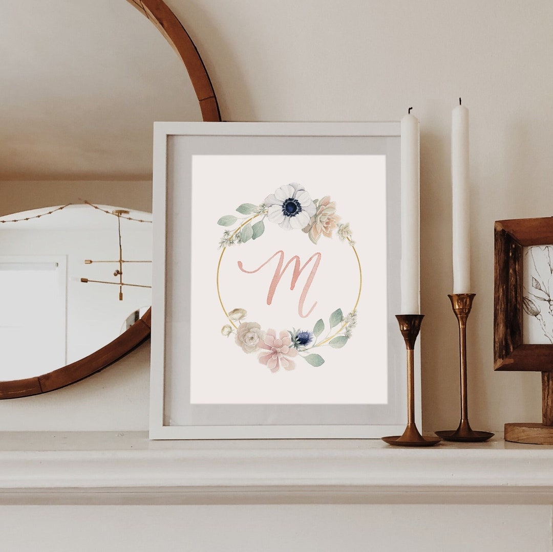 Flower Crown Monogram Letter Alphabet Wall Art Print - Brush Script ...
