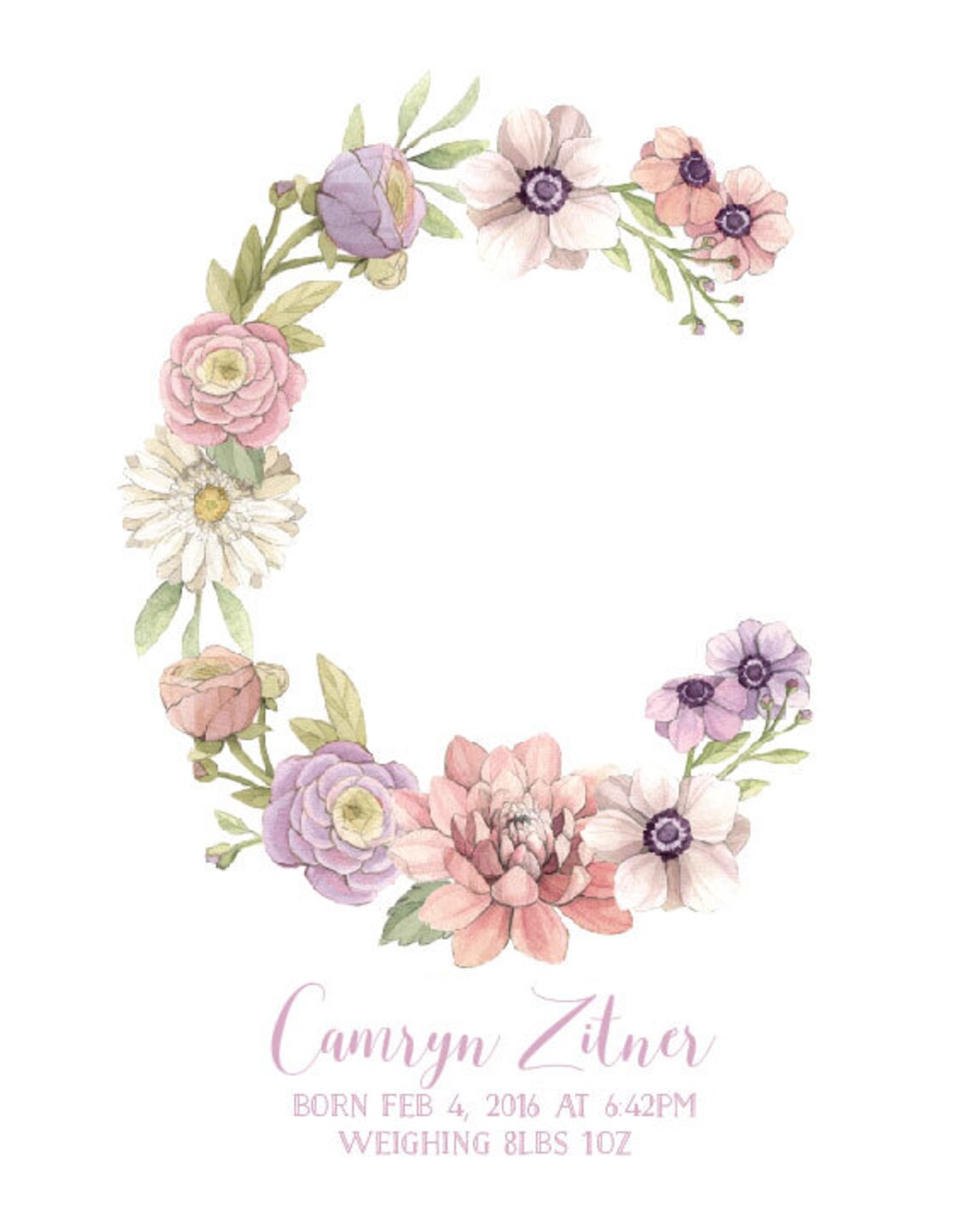 PERSONALIZED Floral Monogram And/or Birth Announcement Print - Flower ...