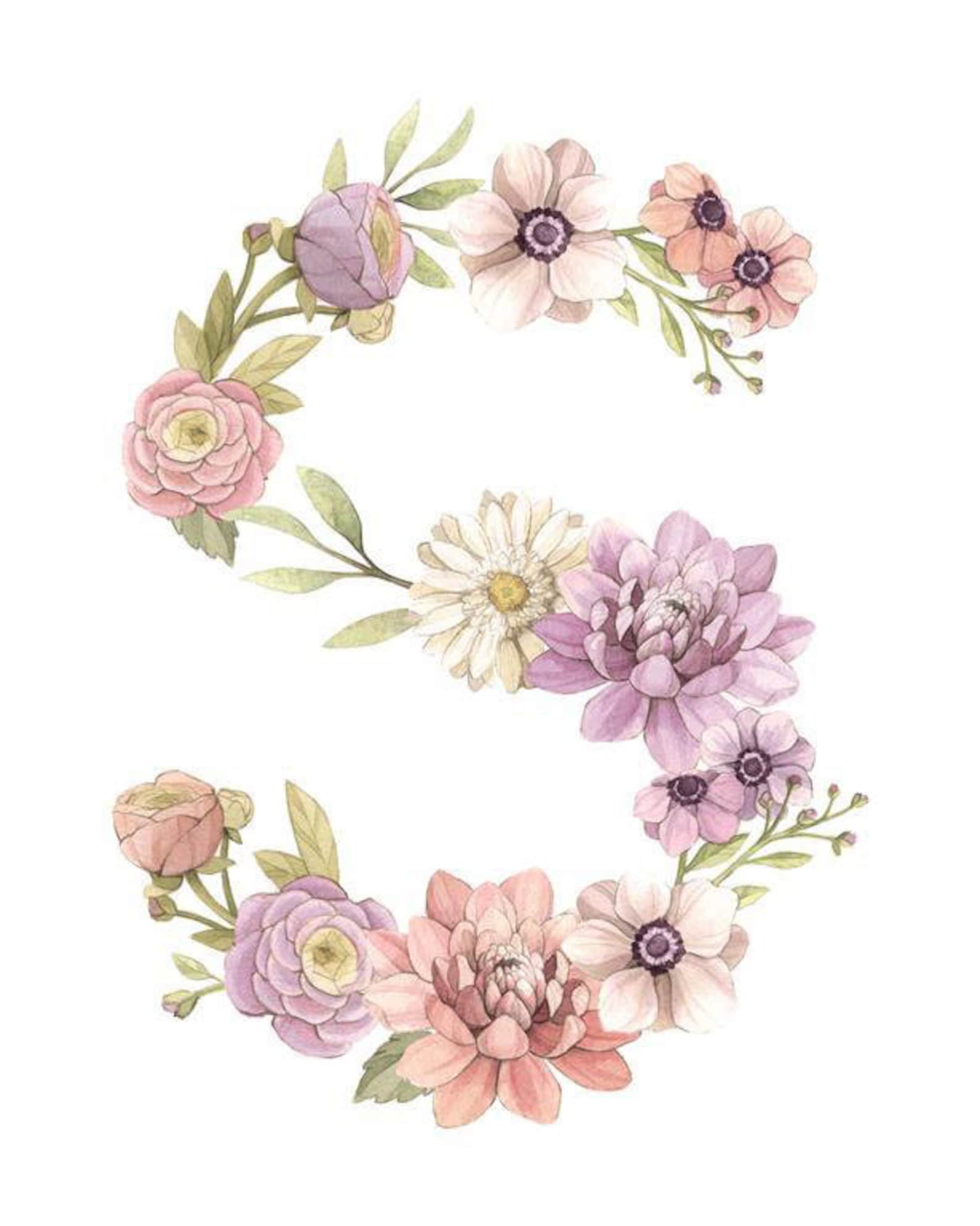 Floral Monogram Letter Print Watercolour Floral Alphabet - Etsy