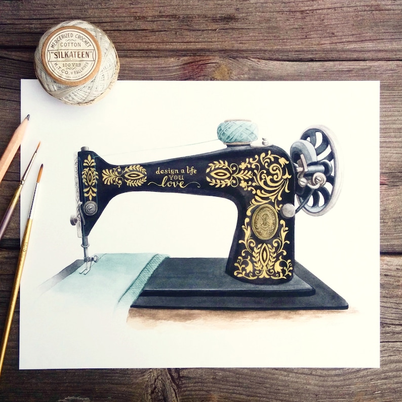Vintage Singer Sewing Machine Illustration Watercolour | Etsy
