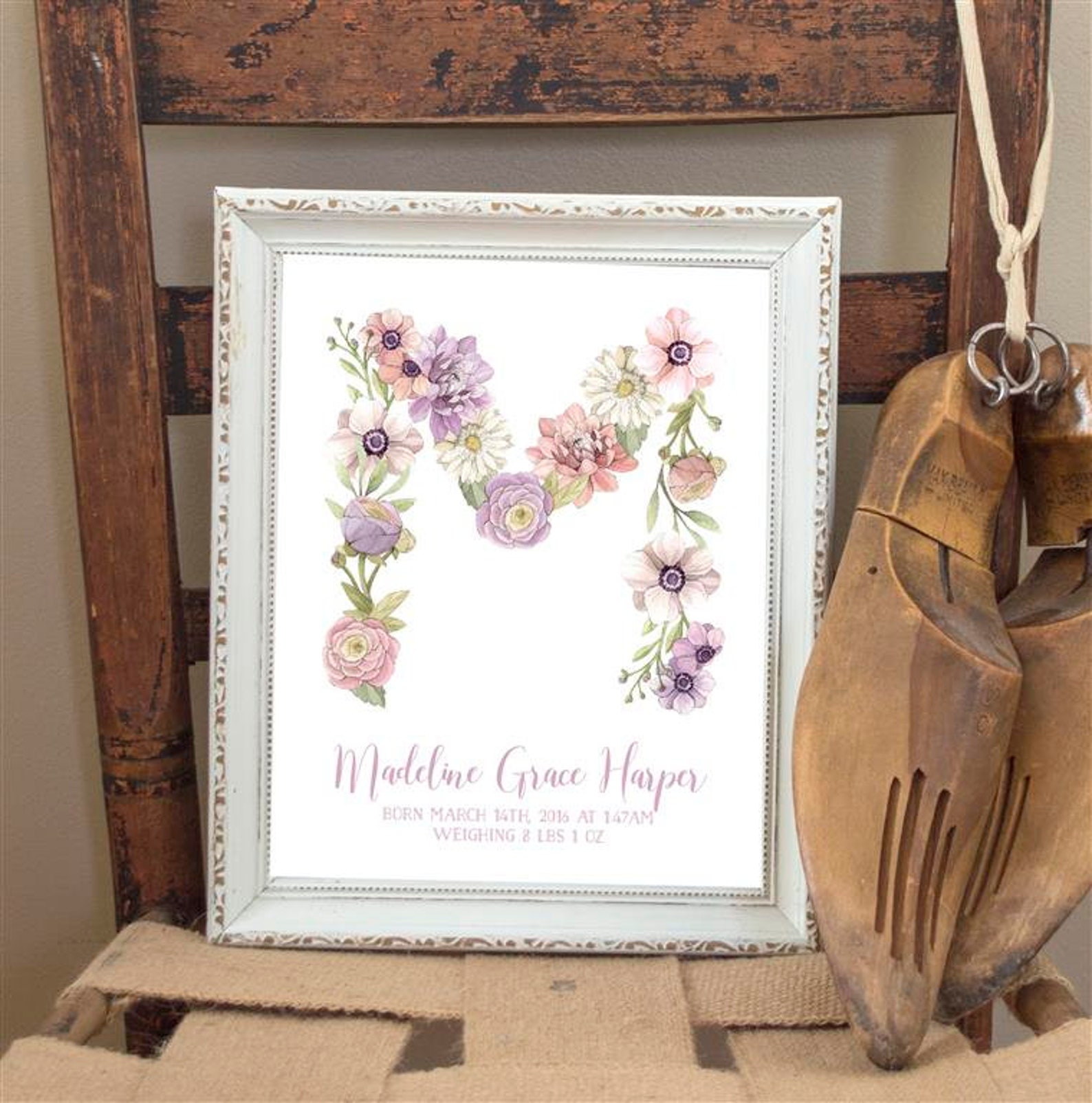 PERSONALIZED Floral Monogram And/or Birth Announcement Print - Flower ...