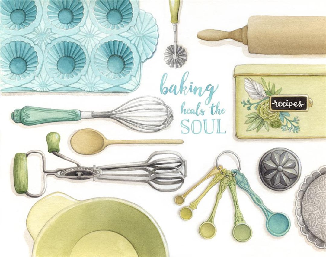 Kitchen Art Print "baking Heals the Soul" Watercolour Vintage Baking ...