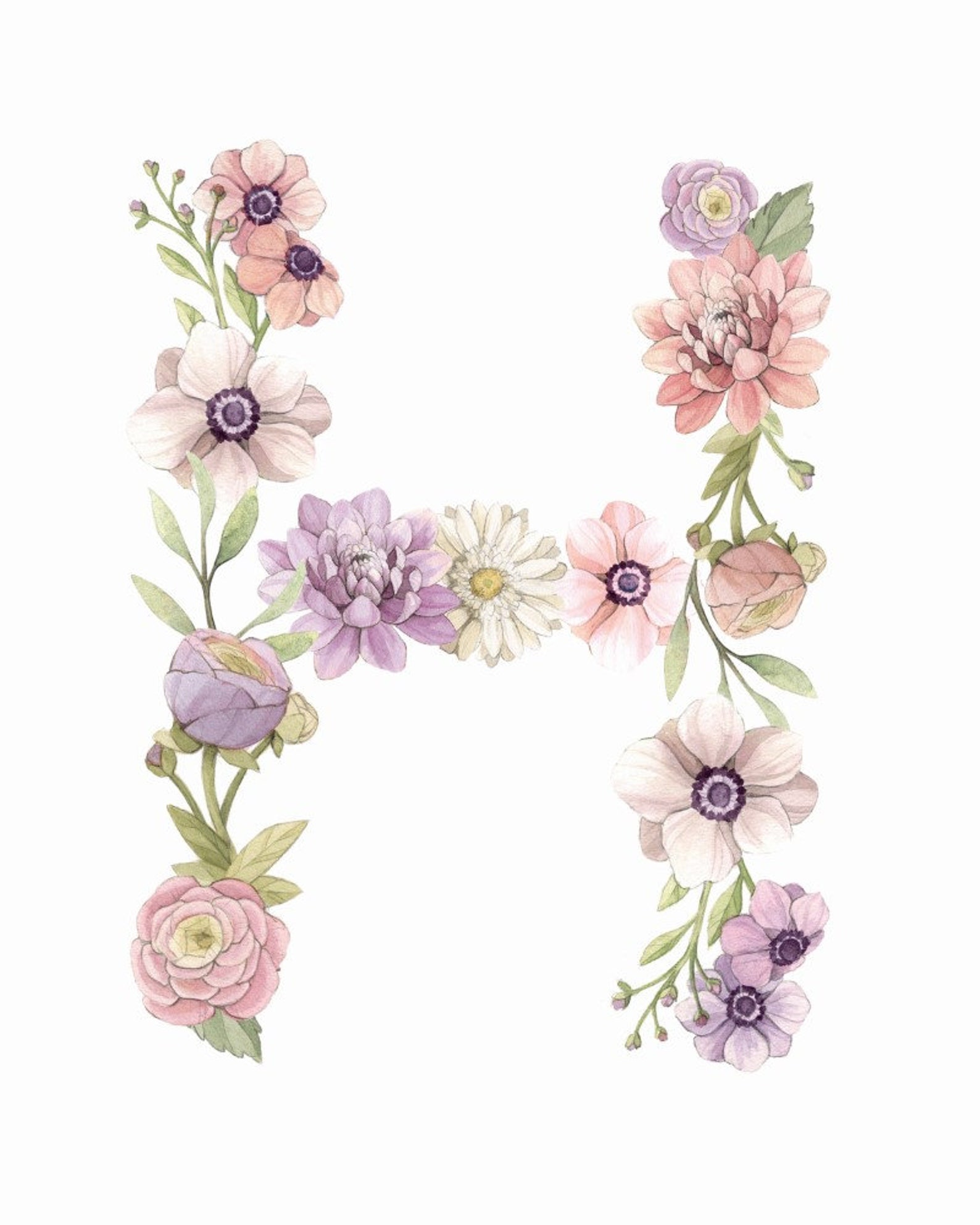 Floral Monogram Letter Print Watercolour Floral Alphabet - Etsy