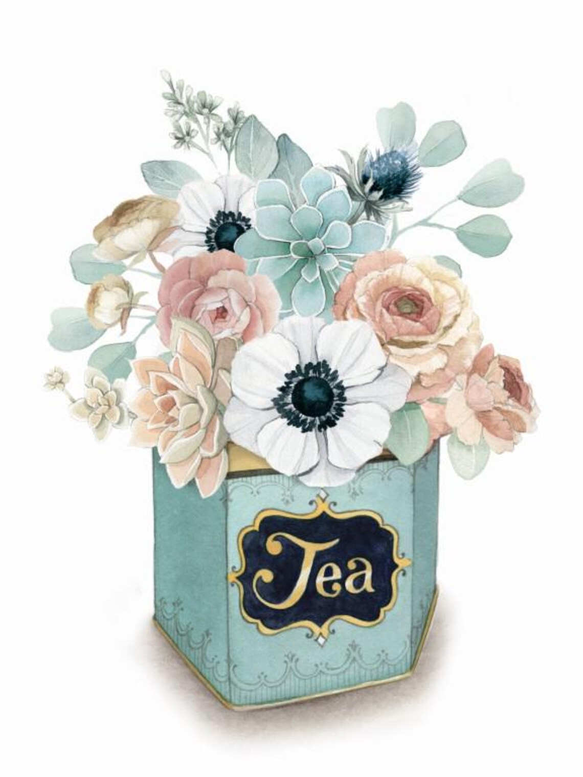 Set of 3 Vintage Tea Themed Prints - Tea Cup Watercolour Illustration ...