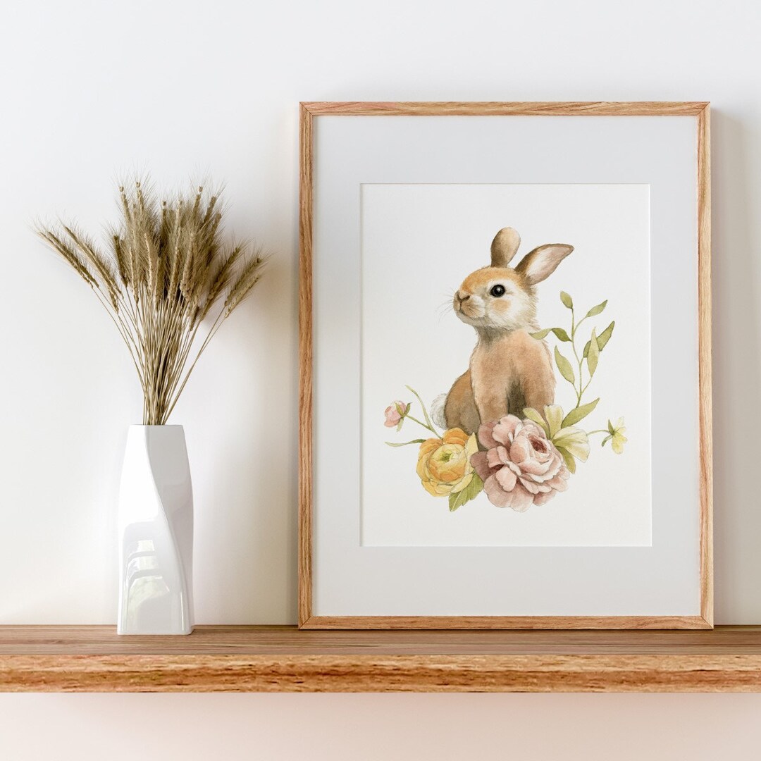 Flora & Fauna Bunny Rabbit Illustration Print - Ears up Bunny With ...