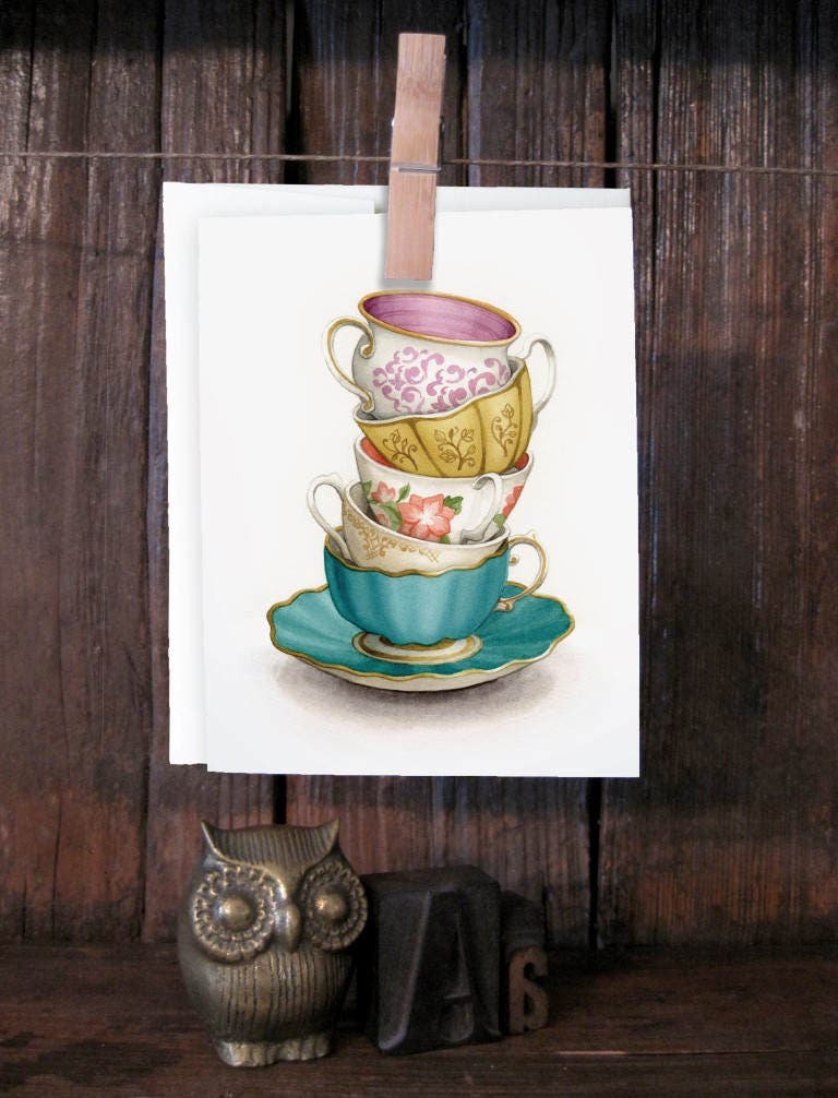 Vintage Teacup Stack Blank Card Tea for Five | Etsy