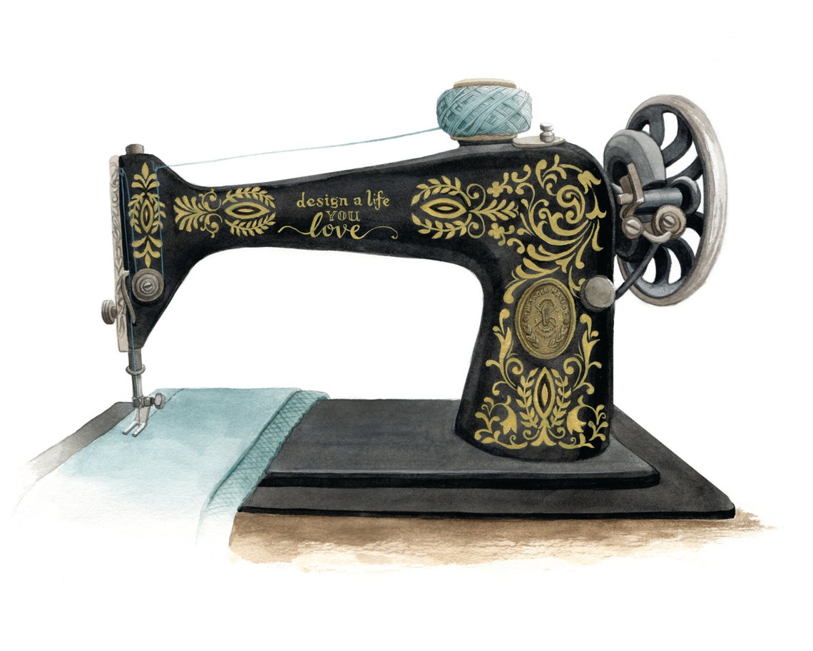 Vintage Singer Sewing Machine Illustration - Watercolour Painting Print ...