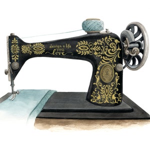 Vintage Singer Sewing Machine Illustration - Watercolour Painting Print ...