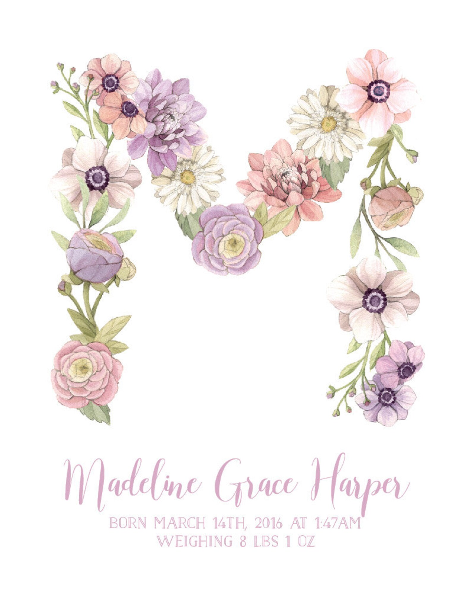PERSONALIZED Floral Monogram And/or Birth Announcement Print - Flower ...