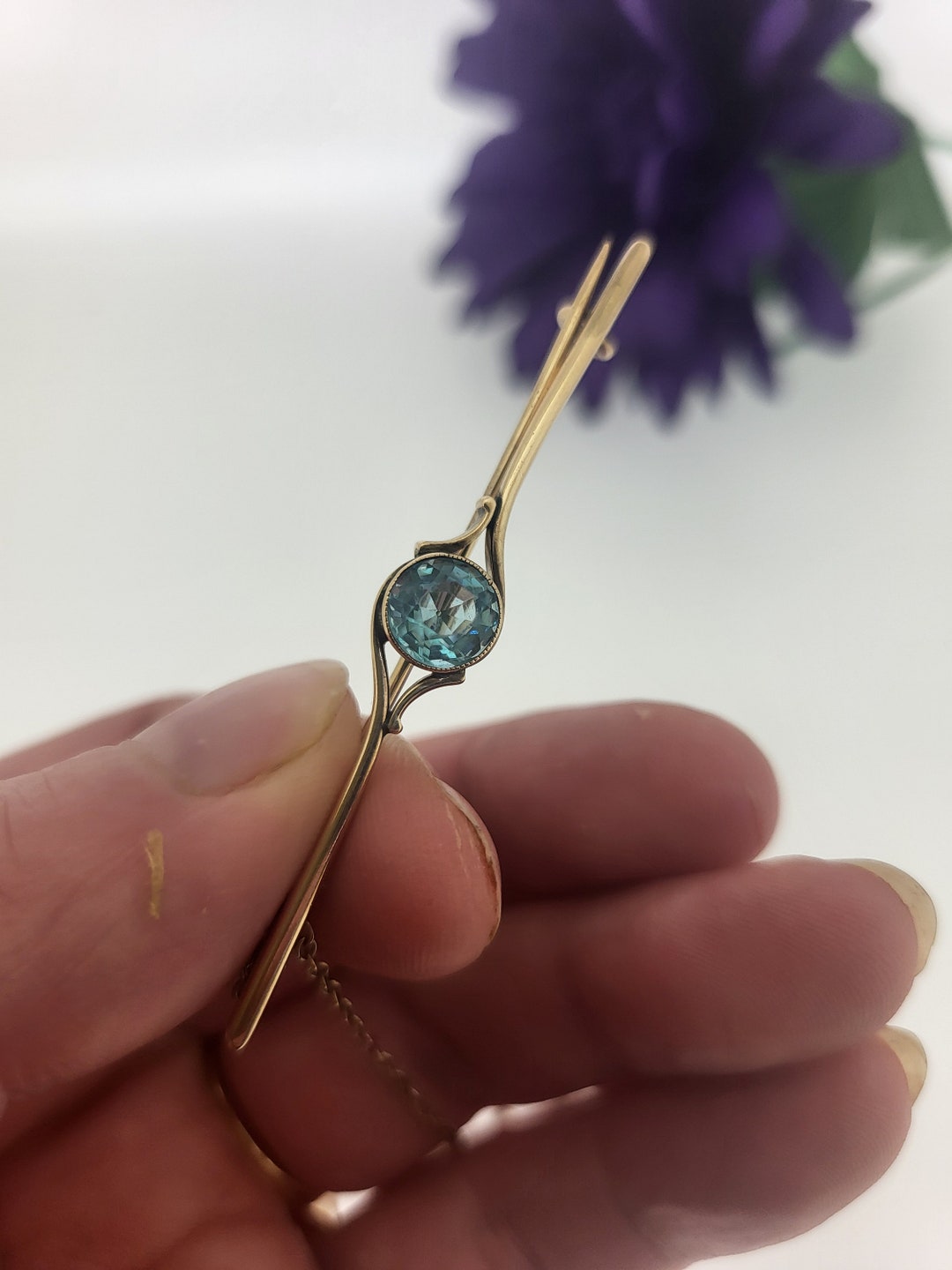 Vintage 9ct Yellow Gold Brooch: Blue Topaz Pin With Safety Chain - Etsy