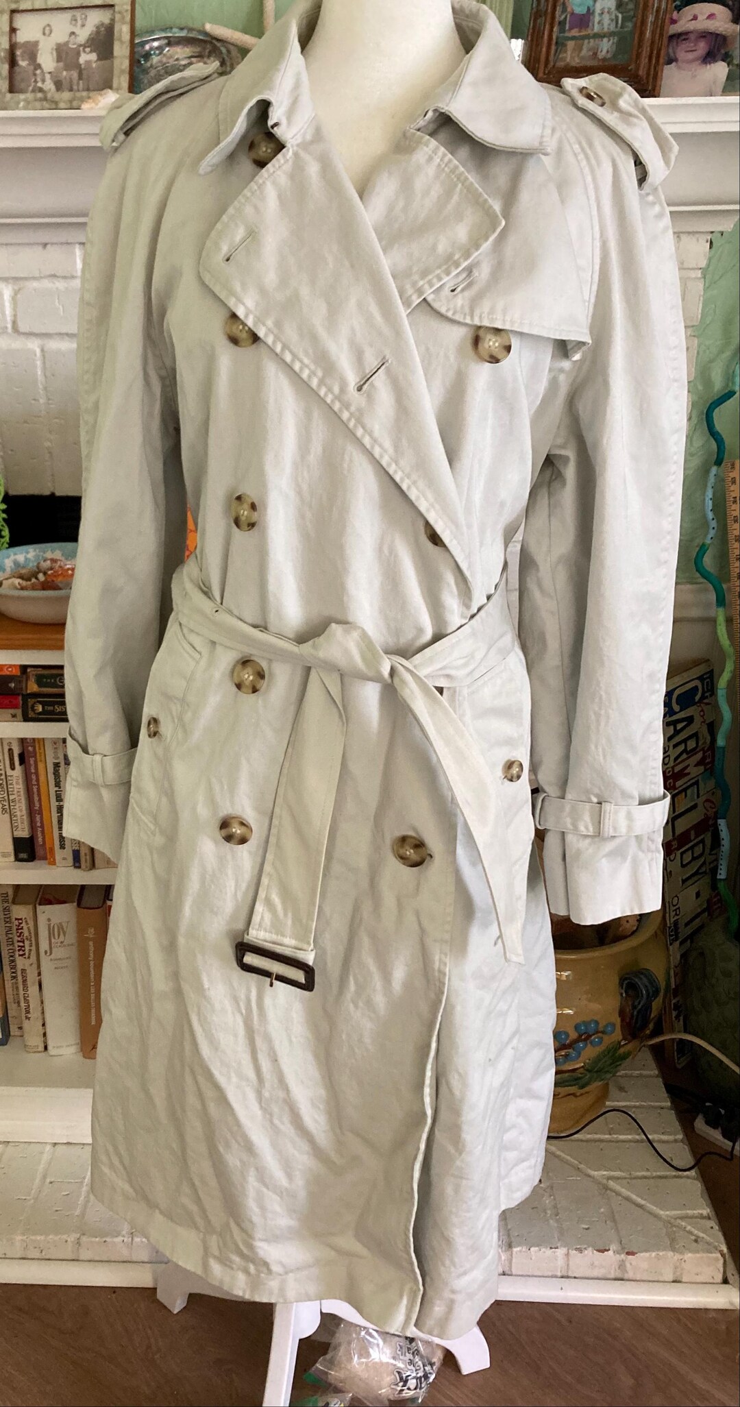 Vintage 90's PERRY ELLIS Portfolio Tan Trench Rain Coat With Floral ...