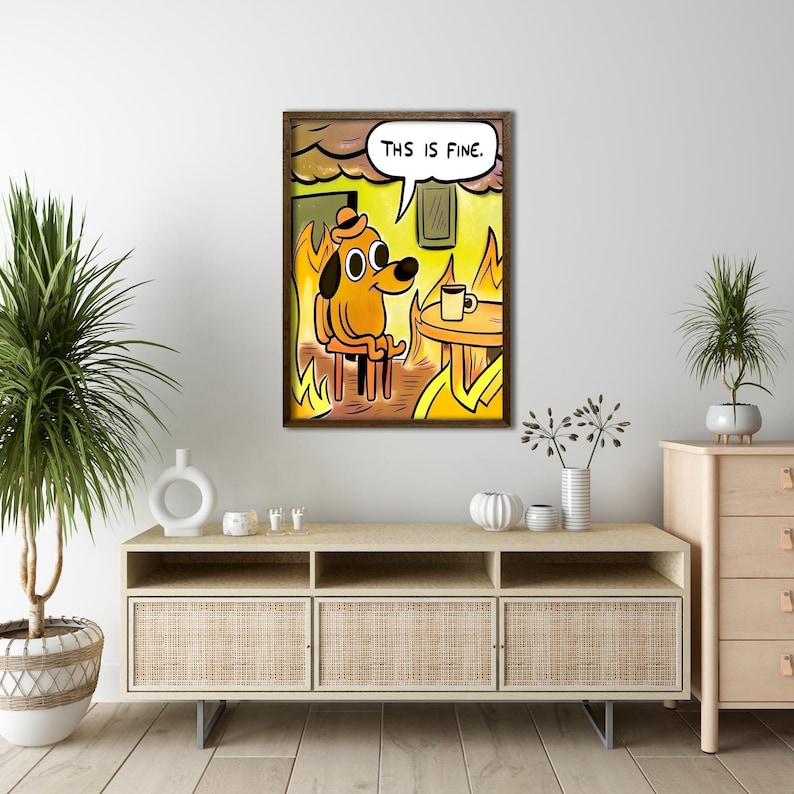 This is Fine Meme Canvas Print - Funny Comic Dog in Fire Art - Ironic ...