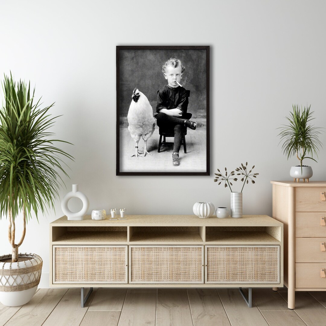 Vintage Photo Boy With Chicken Rooster Smoking Child Print Poster Weird ...
